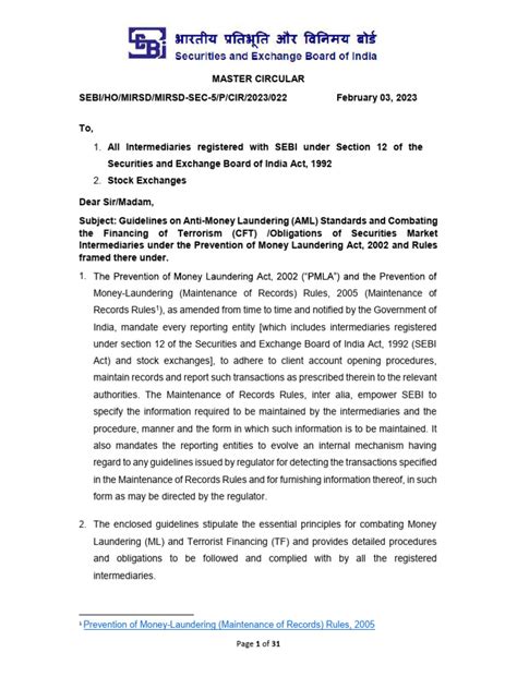 Sebi Master Circular On Pmla Pdf Money Laundering Terrorism Financing
