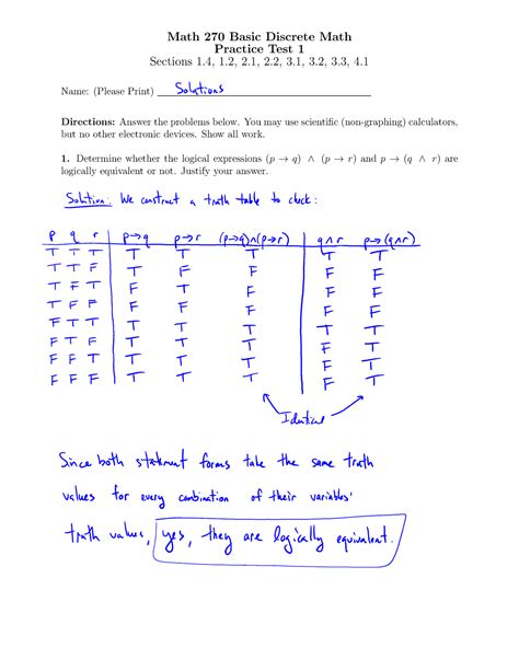 Practice Test 1sols Yes Math 270 Basic Discrete Math Practice Test 1 Sections 1 1 2 2 3