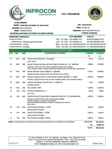 Cotización Inp23030 160323 Materiales De Puente Colgante Ayacucho Pdf Ingeniería De