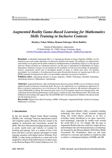 Pdf Augmented Reality Game Based Learning For Mathematics Skills Training In Inclusive Contexts