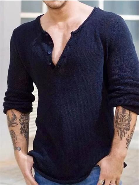 Herren Henley Shirt T Shirt Glatt Henley Strasse Urlaub Langarm Taste