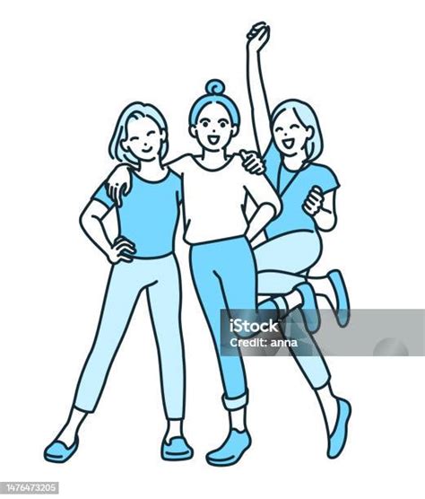 즐거운 시간을 보내는 세 명의 좋은 친구 행복해 보이는 여자의 그림 긍정적인 감정 표현에 대한 스톡 벡터 아트 및 기타 이미지 긍정적인 감정 표현 놀이 동료 Istock