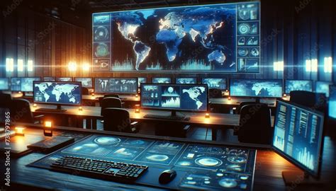 Digital Artwork Showcasing An Advanced Command Center Intricate Setups Of Monitors With