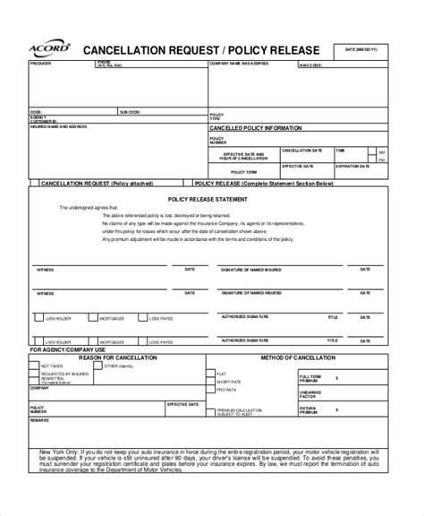 Acord Cancellation Form Printable Printable Forms Free Online
