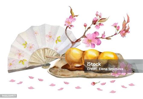 수채화 손으로 그린 일본 전통 과자 도자기 접시 봄 네리 키리 떡 물건 흰색 배경에 격리 초대장 레스토랑 메뉴 인사말 카드 인쇄