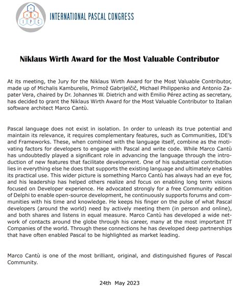 My Thank You For The Niklaus Wirth Award I Received By Ipc