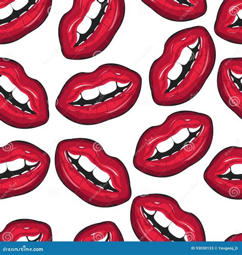 Rode Vrouwelijke Lippenclose Up Naadloos Patroon Mond Met Tanden En