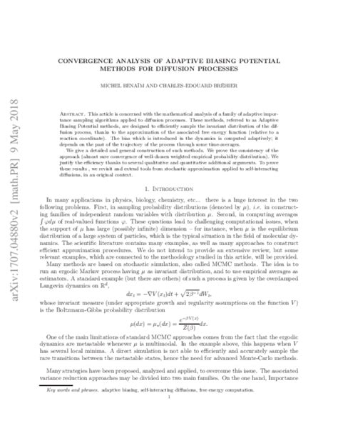 Pdf Convergence Analysis Of Adaptive Biasing Potential Methods For