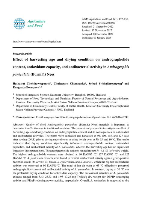 Pdf Effect Of Harvesting Age And Drying Condition On Andrographolide Content Antioxidant