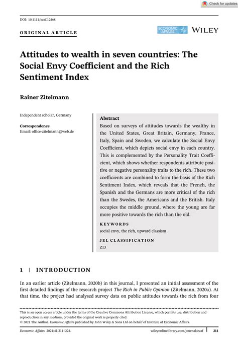Pdf Attitudes To Wealth In Seven Countries The Social Envy Coefficient And The Rich Sentiment