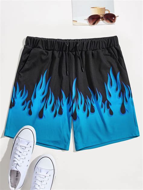 Men Fire Print Drawstring Shorts Stylish Men Casual Mens Fashion