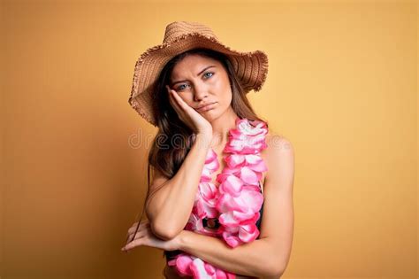 Young Beautiful Woman With Blue Eyes On Vacation Wearing Bikini And
