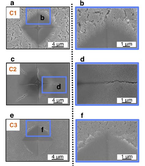 representative sem micrographs of top surface vickers indents performed