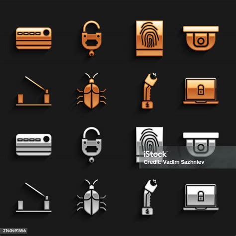 Set System Bug Concept Motion Sensor Laptop And Lock Police Electric