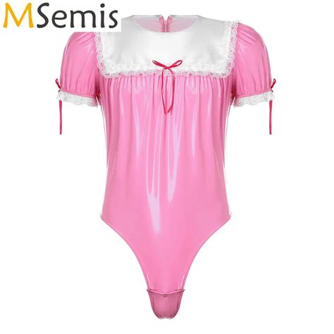 Mens Invisible Zipper Patent Leather Bodysuit Sissy Maid Cosplay