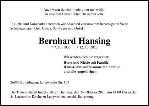 Traueranzeigen Von Bernhard Hansing Nordwest Trauerde