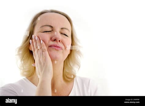 Toothache Cute Middle Aged Woman Holding Cheek Squinting Eyes Squeezing