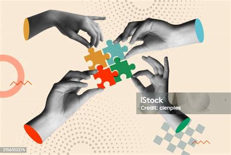 복고풍 콜라주 벡터 일러스트 레이 션에서 다채로운 퍼즐 조각을 들고 손 팀워크에 대한 스톡 벡터 아트 및 기타 이미지 팀워크 연결 손 Istock