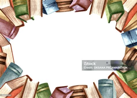 책장에 늘어선 빈티지 제본의 책들 오래 된 교과서가 있는 수평 프레임 손으로 그린 수채화 그림이 분리되어 있습니다 모두를 위한 지식 엽서 초대장 인쇄를 위한 복사 공간이