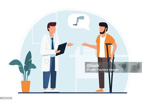 목발을 짚은 장애인이 다리 보철물을 위해 의사를 방문합니다 환자는 병원 사무실에서 의료진과 의사 소통합니다 미니멀한 실루엣 장면 손으로 그린 만화 캐릭터 벡터 일러스트 레이