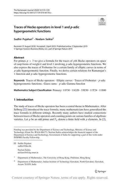 Traces Of Hecke Operators In Level 1 And P Adic Hypergeometric Functions Request Pdf