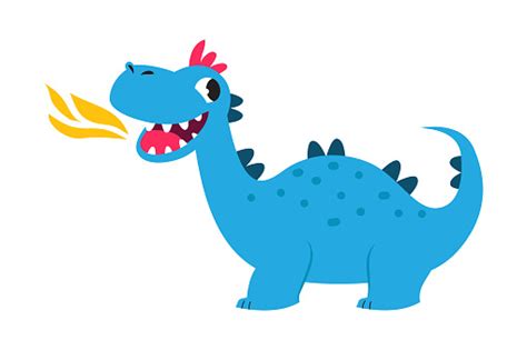 귀여운 작은 용 침 화재 재미 아기 공룡 동화 캐릭터 만화 스타일 벡터 일러스트 가공의 인물에 대한 스톡 벡터 아트 및 기타