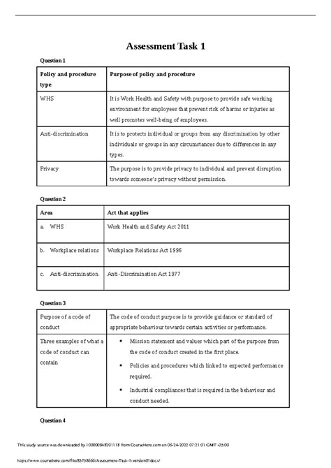 Assessment Task 1 Version 01 Assessment Task 1 Question 1 Policy And