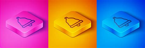 등각 투영 선 교회 종 아이콘은 분홍색과 주황색 파란색 배경에 분리되어 있습니다 알람 기호 서비스 벨 핸드벨 기호 알림 기호 정사각형 버튼 벡터 3차원 형태에 대한 스톡