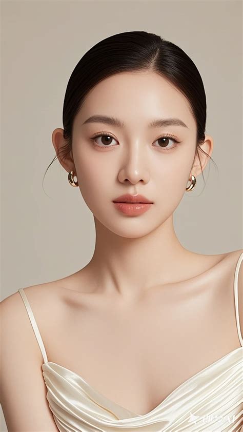 一位女孩，青春，高级感，人物肖像特写镜头，面部无遮挡，简约构图，浅色背景，简约礼服，高级摄影 10 花瓣网