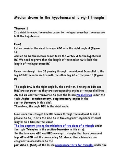 Median Drawn To The Hypotenuse Of A Right Triangle Pdf Triangle