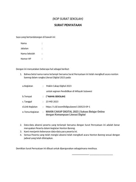 Template Surat Penyataan Nobar Sulawesi Bantaeng Pdf