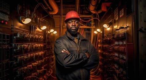 Premium Ai Image A Man In A Red Hard Hat Stands In Front Of A Bunch