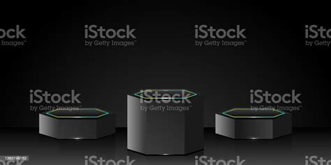 어두운 검은 방에 네온 빛과 연단 제품 프리젠 테이션을위한 세 육각 형 받침대 현대 추상 기술 배경 벡터 일러스트 Eps 10 0명에 대한 스톡 벡터 아트 및 기타 이미지