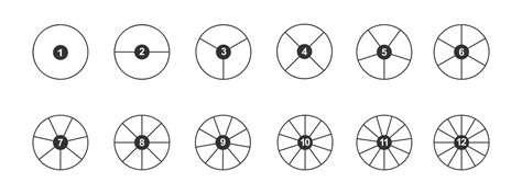 Circles Divided In Segments With Numbers From 1 To 12 Outline Round Shapes Cut In Equal Parts