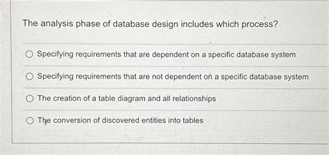 Solved The Analysis Phase Of Database Design Includes Which Chegg