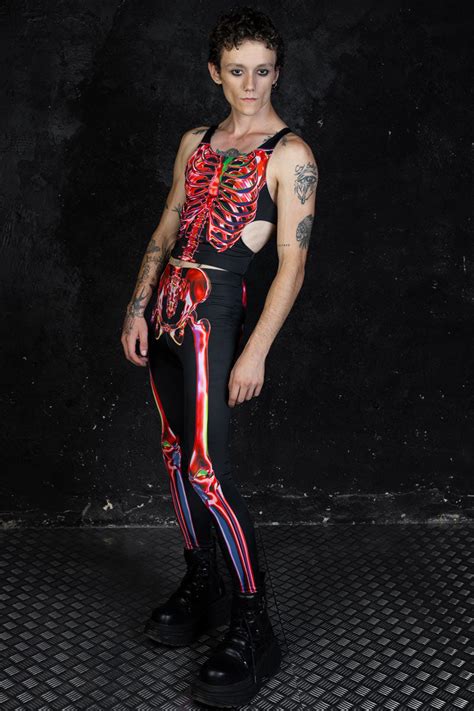 Red Ruby Skeleton Men Leggings Set For Halloween And Rave Devil Walking