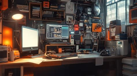A Cluttered Computer Desk With A Desktop A Monitor And A Keyboard