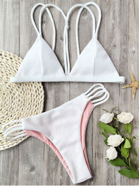 Biquini Alça Dupla E Tanga Com Tiras Branco Biquínis S Zaful