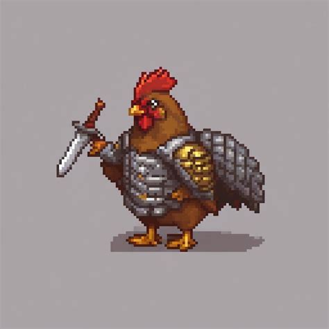 Armorclad Chicken Wielding A Sword In Pixel Art Premium Ai Generated