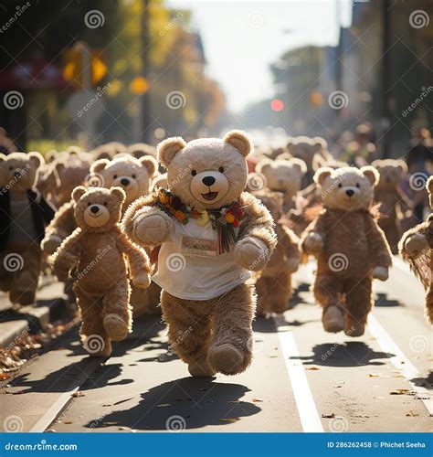 Ai Generative A Group Of Teddy Bears Walking In The Autumn Park On A