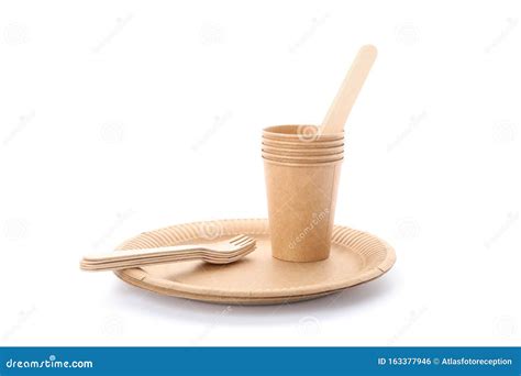 Eco Friendly Plate Forks And Cups Isolated On White Background