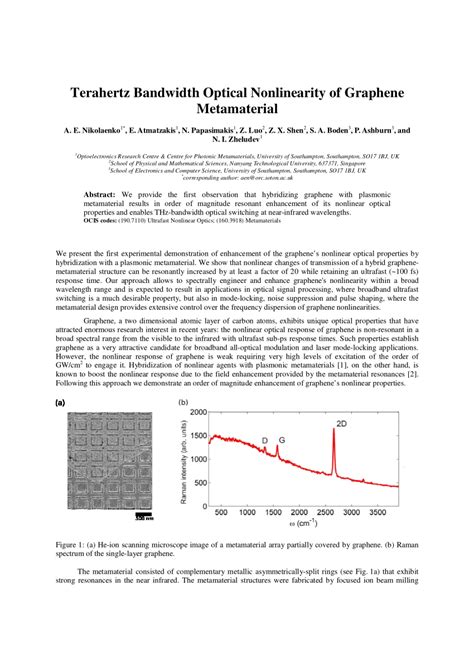Pdf Terahertz Bandwidth Optical Nonlinearity Of Graphene Metamaterial