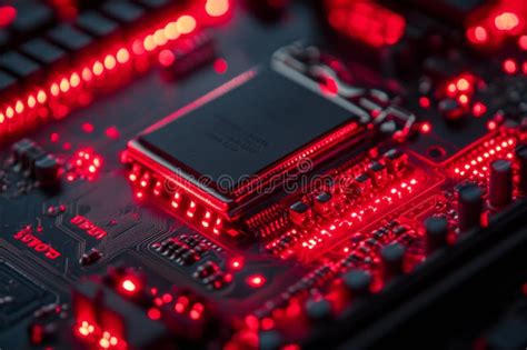 Microchip Circuit Board Glowing With Bright Red Lights In A Dark