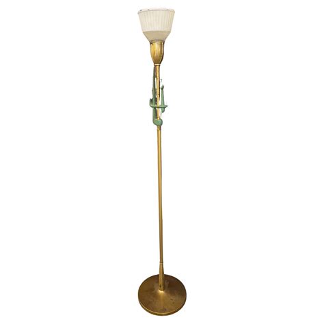 Mid Century Modern Brass Toned Torchiere Floor Lamp With Ribbed Glass