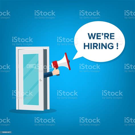 디자인 템플릿 비즈니스 배너를 채용하고 있습니다 고용 모집 사업가는 사무실 의 문에 메가 폰을 보유하고 있습니다 공석이 열립니다 플랫 스타일 벡터 일러스트레이션 0명에 대한
