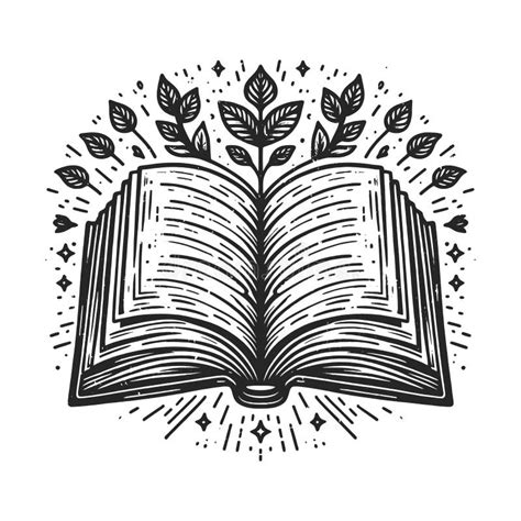 Mystical Open Book With Floral Patterns Engraving Stock Vector