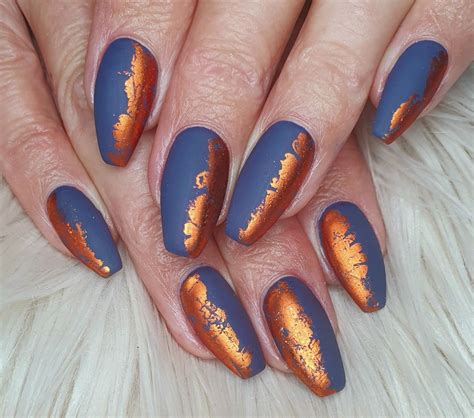 Blue And Copper Matte Nails Cute Fall Nail Designs Autumn Copper
