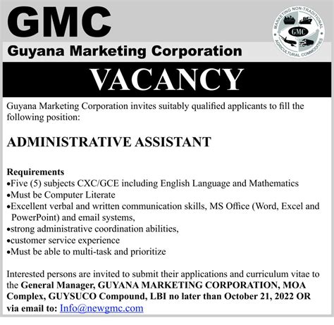 Guyana Marketing Corporation Vacancy Administrative Assistant Dpi Guyana