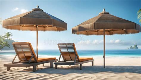 Sun Loungers Under A Beach Umbrella Overlooking The Sea With Copy Space