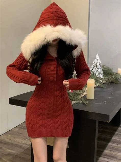Frosty Hooded Knit Sweater Dress Winter Knit Sweater Clothes One